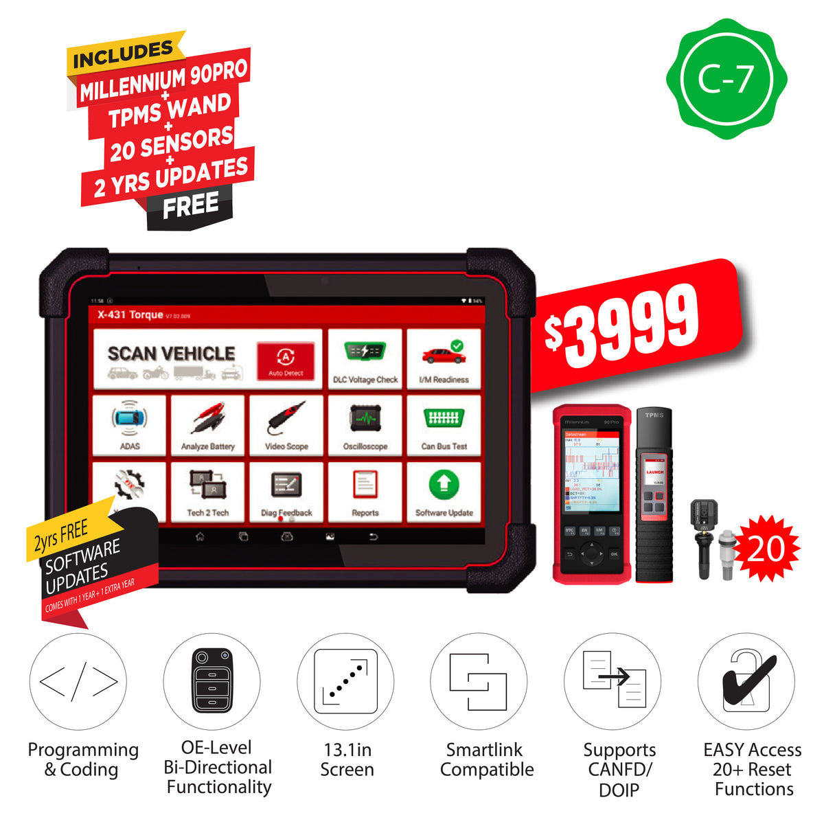 LAUNCH C7 COMBO X-431 TORQUE LINK PLUS 2.0 +MILLENNIUM 90PRO +TPMS Wan ...